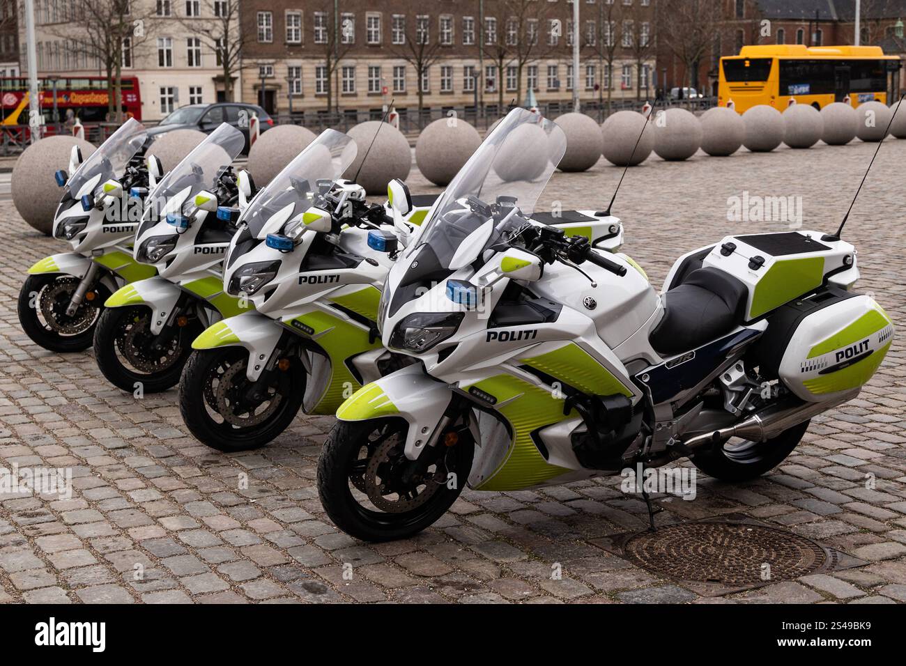 Police motorcycles lined up in downtown Copenhagen, Denmark Copenhagen ...