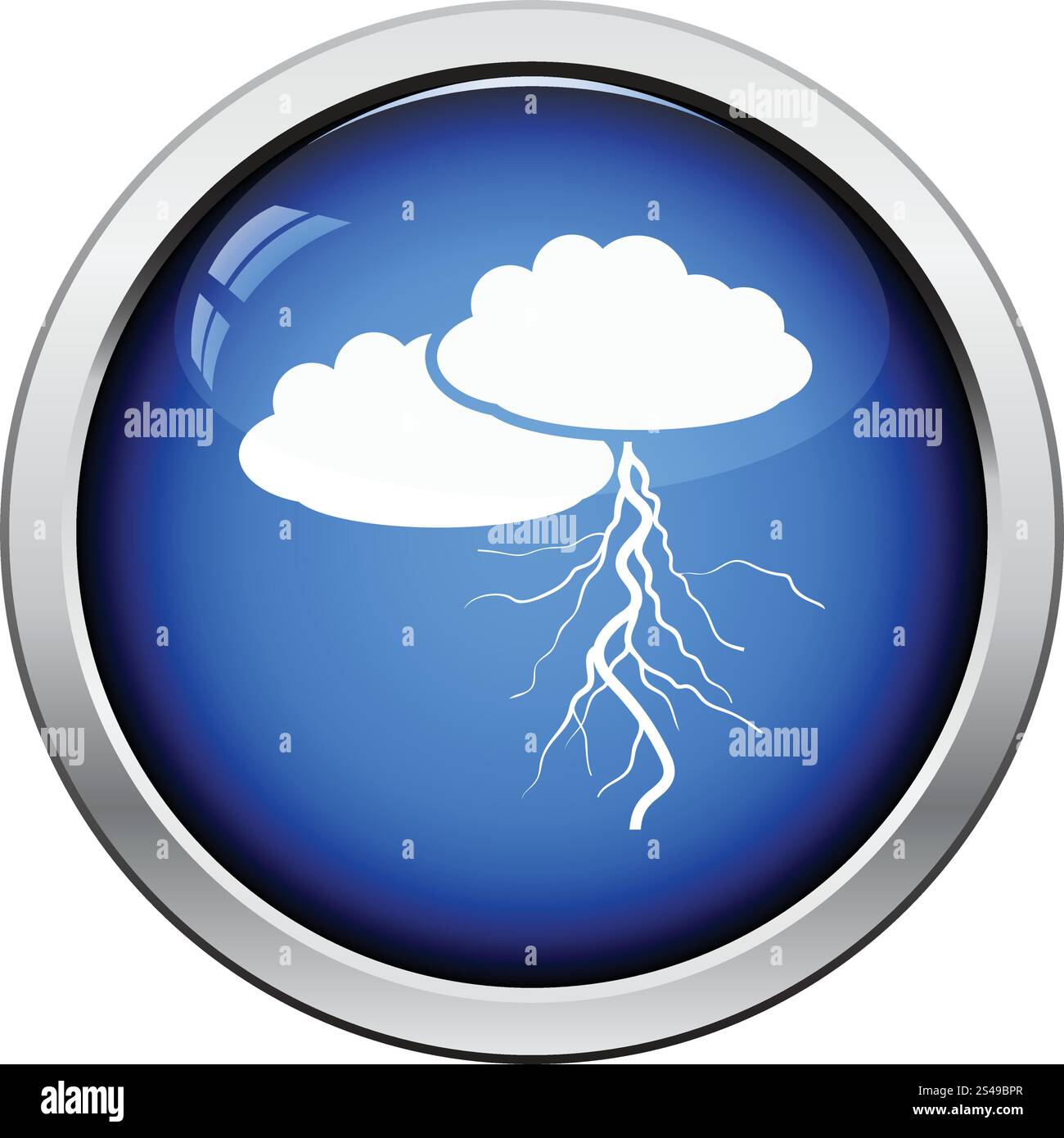 Clouds and lightning icon. Glossy button design. Vector illustration ...