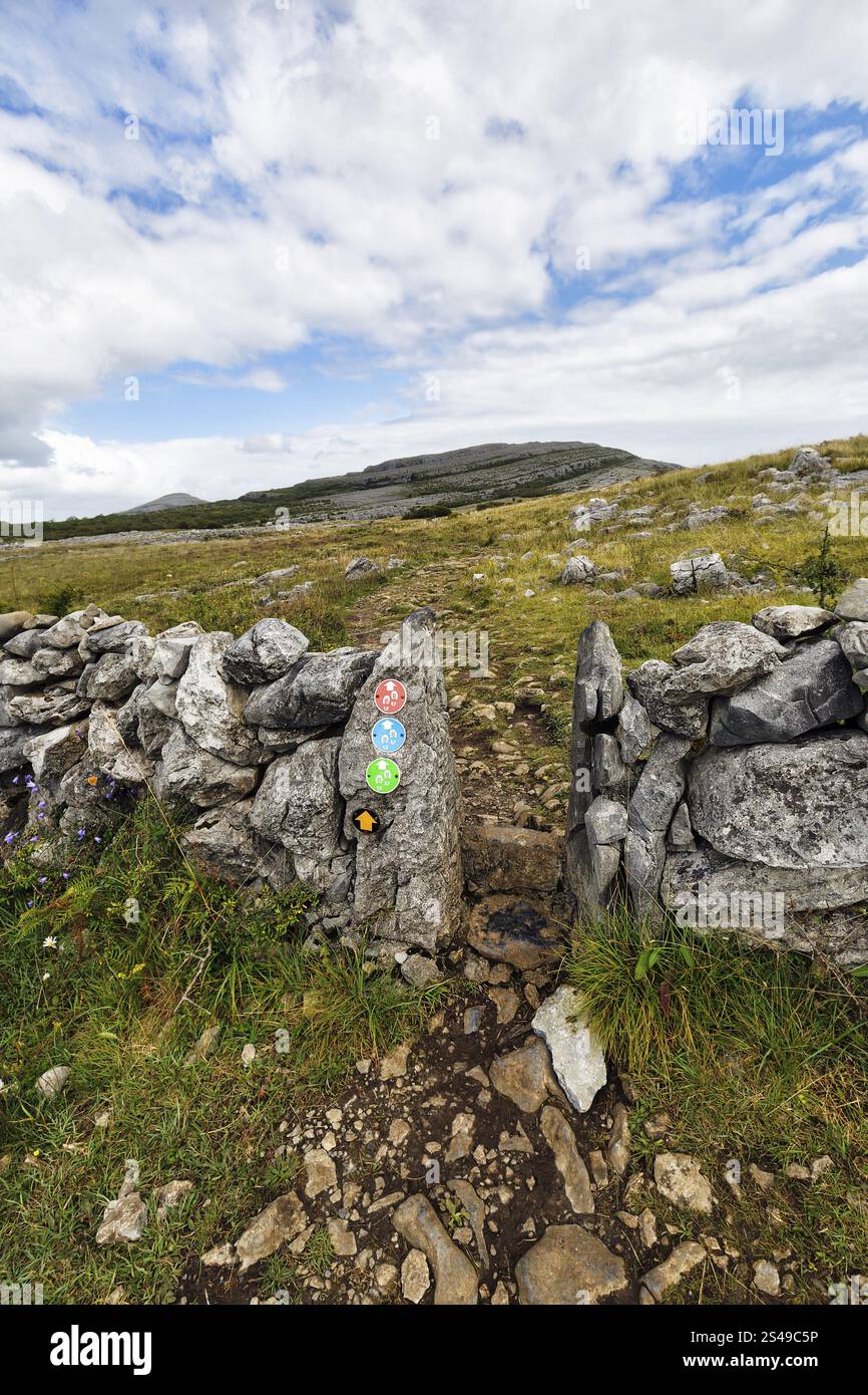 Hiking trail with markings, leads through stone wall, boundary, karst ...