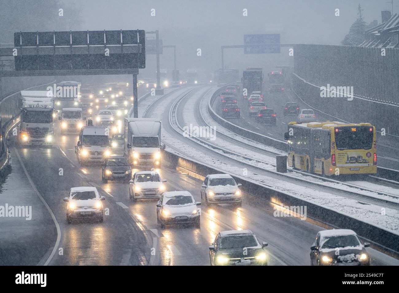 Winter weather, heavy snowfall, traffic jam on the A40 motorway in ...