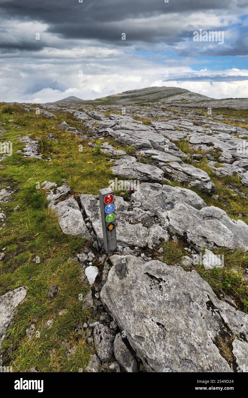 Hiking trail with markings, leads over bizarrely shaped limestone slabs ...
