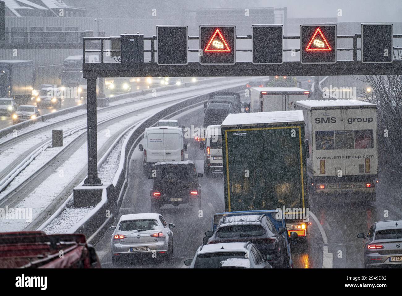 Winter weather, heavy snowfall, traffic jam on the A40 motorway in ...