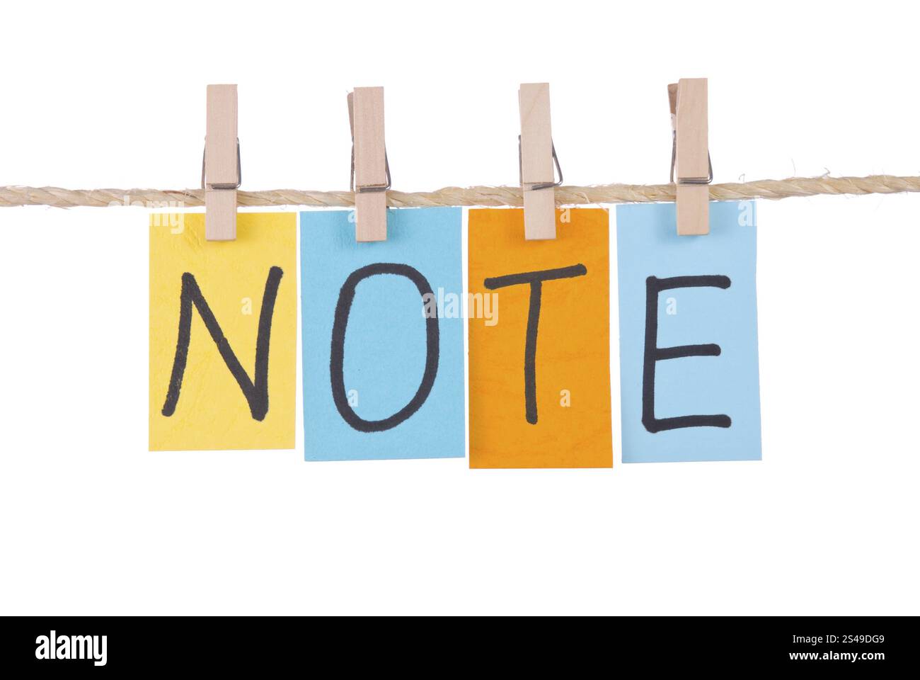Note, Colorful words hang on rope by wooden peg Stock Photo - Alamy