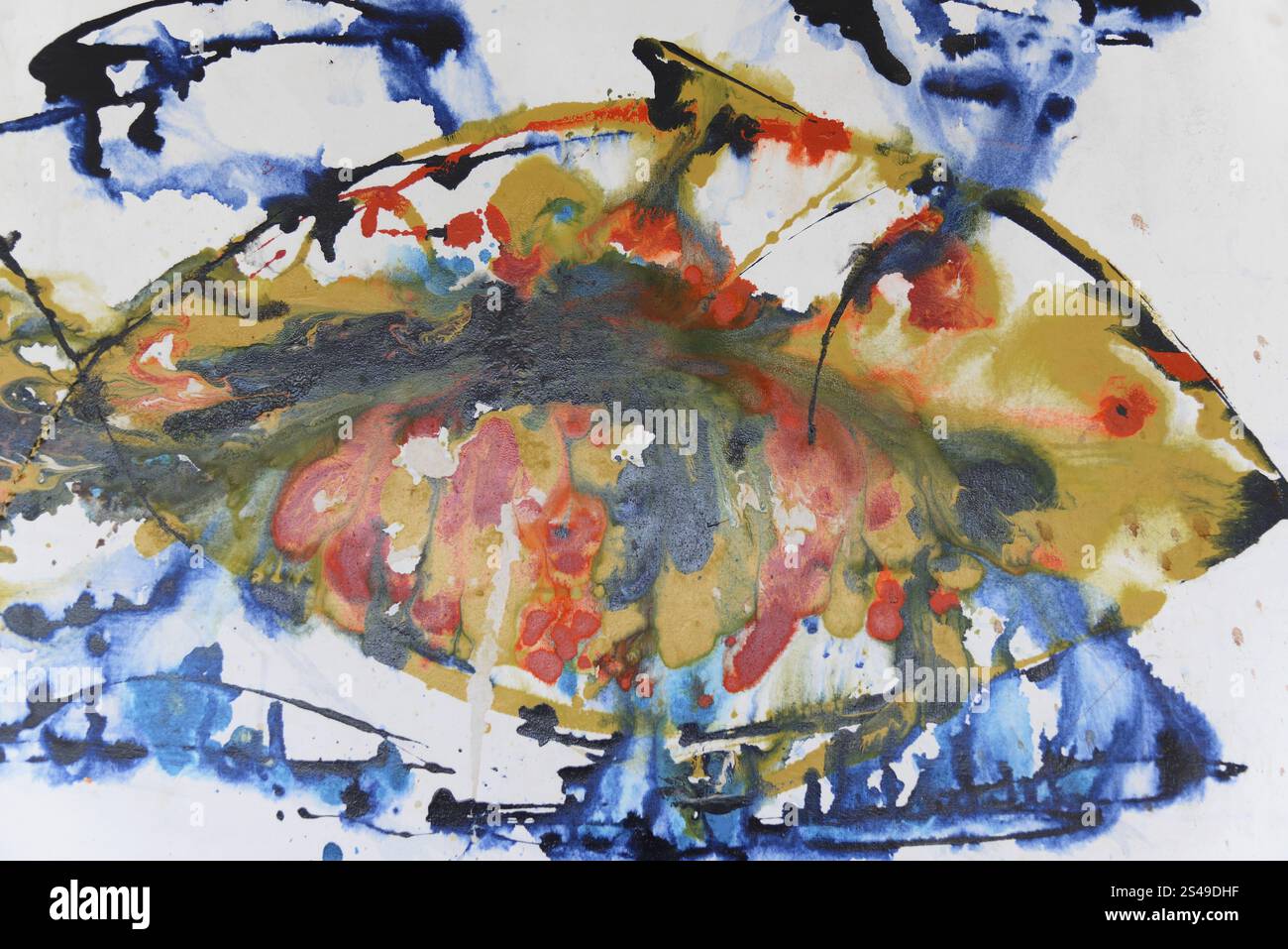 Abstract artwork with a fish-like motif in shades of blue and gold ...
