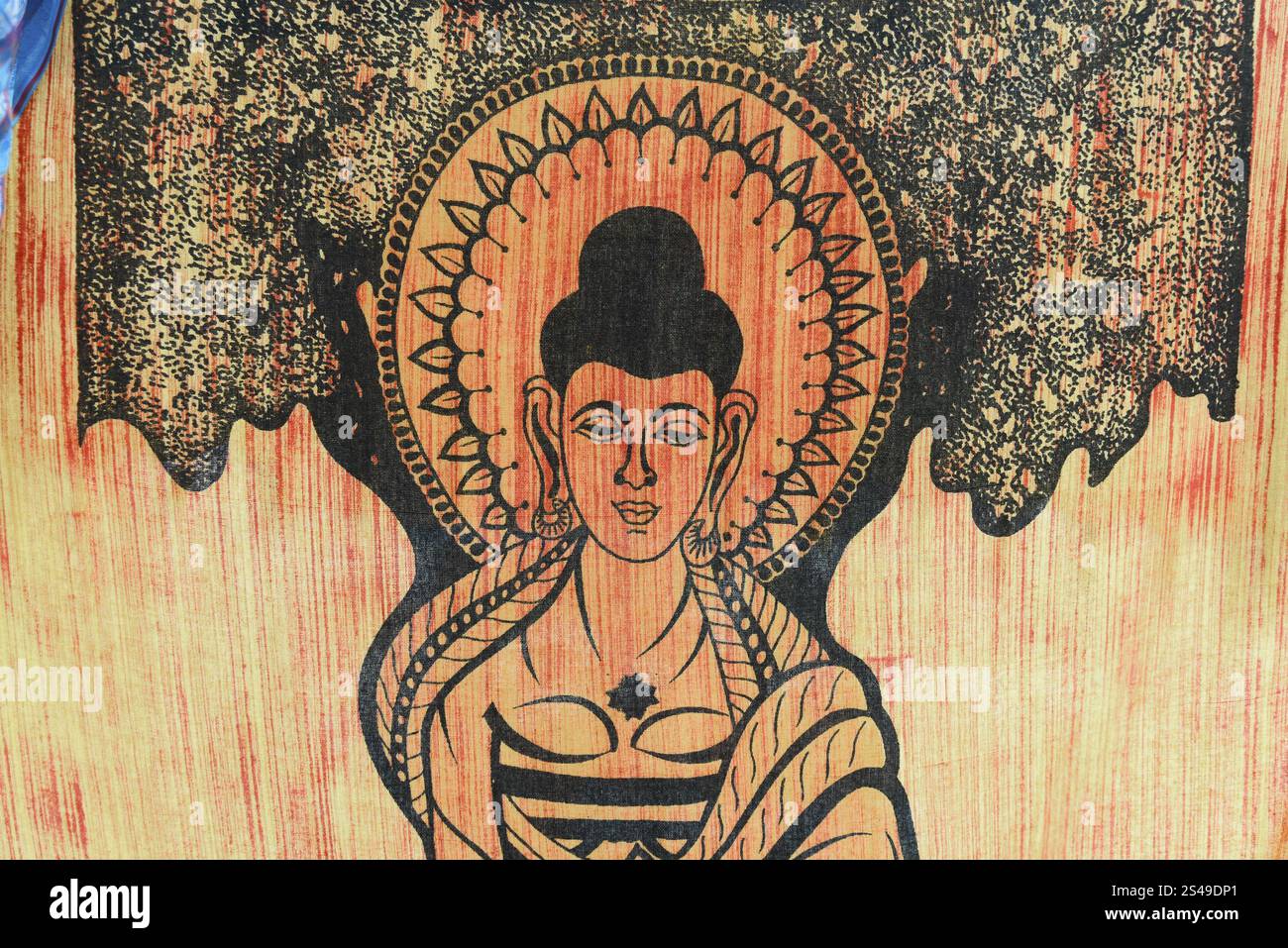 Traditional woodcut of a Buddha with detailed background, Mahabalipuram ...