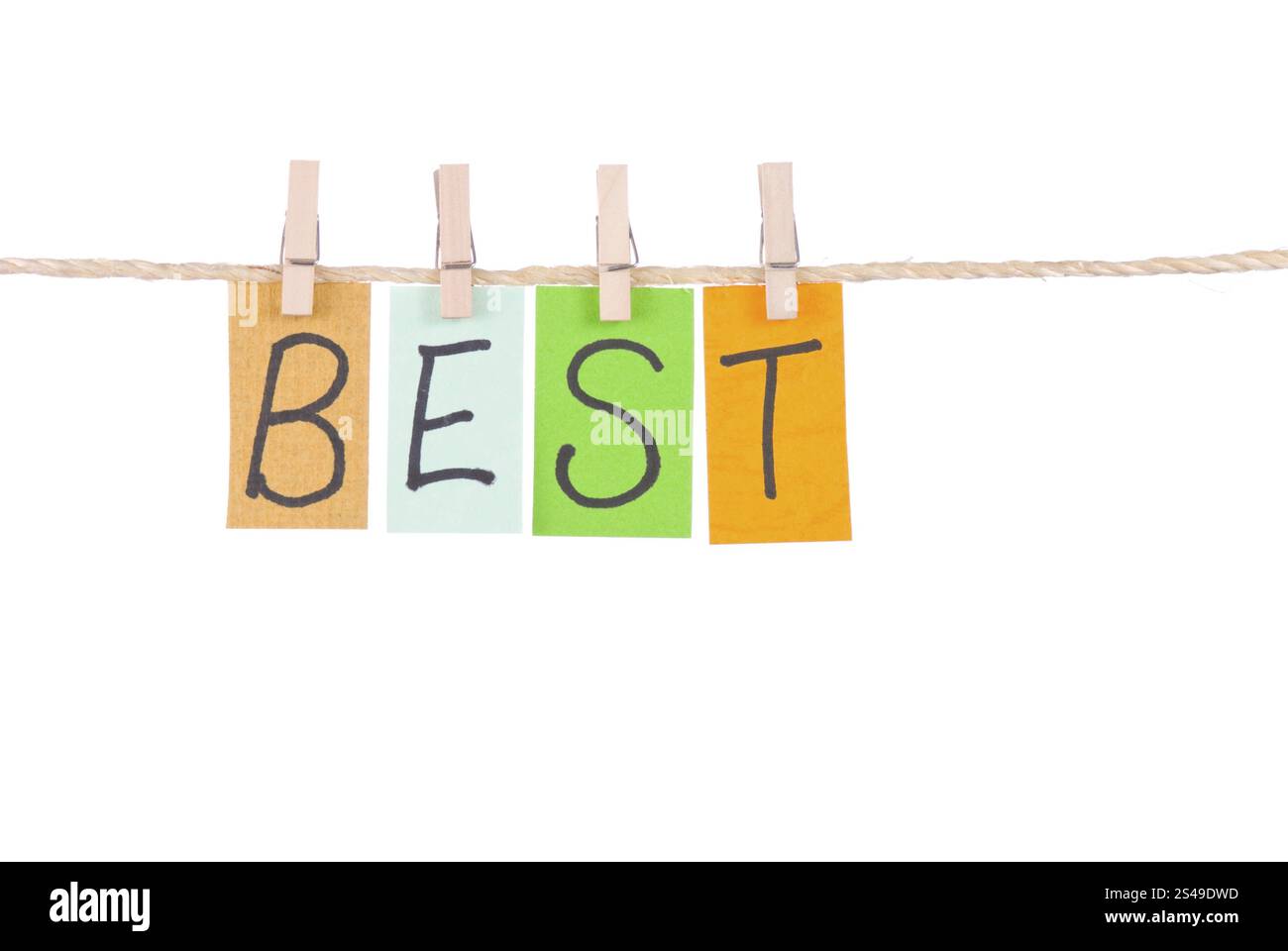 Best, Colorful words hang on rope by wooden peg Stock Photo - Alamy
