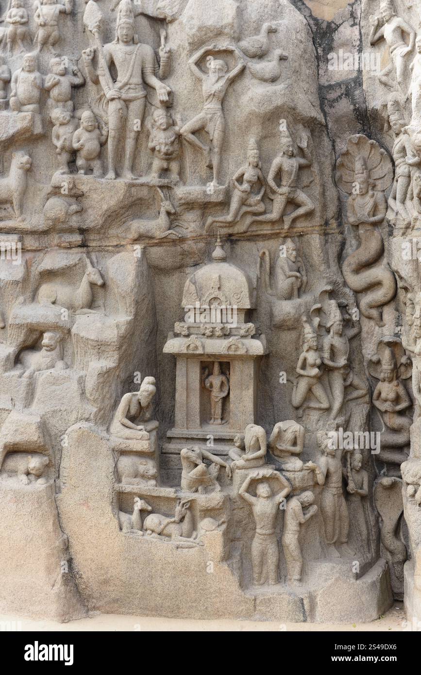 Descent of Ganga, bas-relief, detail, stone relief showing detailed ...