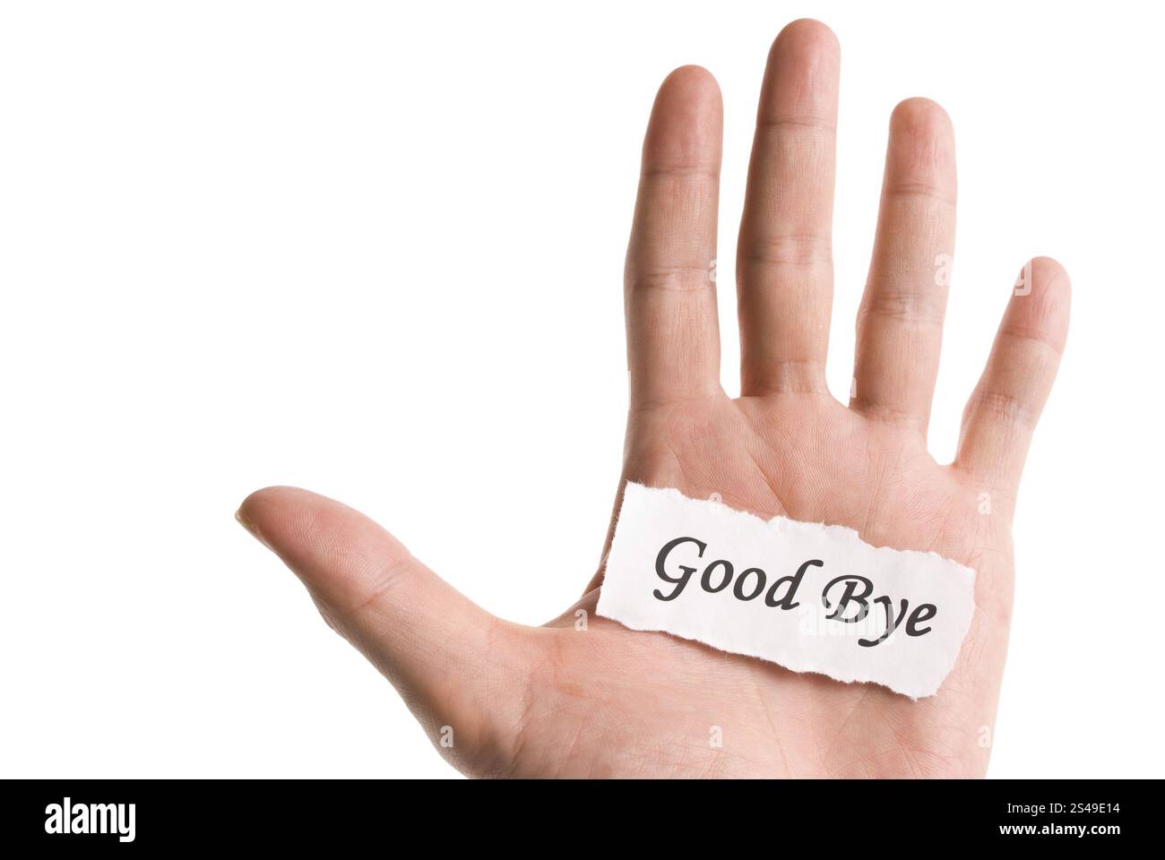 Good bye word in hand, word on piece tear paper Stock Photo - Alamy