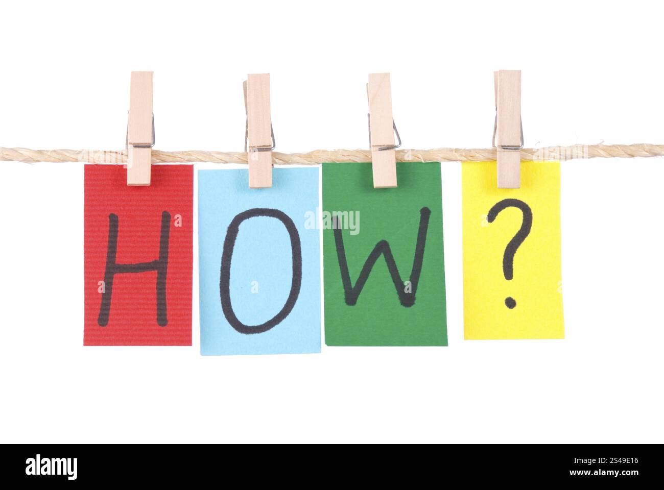 How, Colorful words hang on rope by wooden peg Stock Photo - Alamy