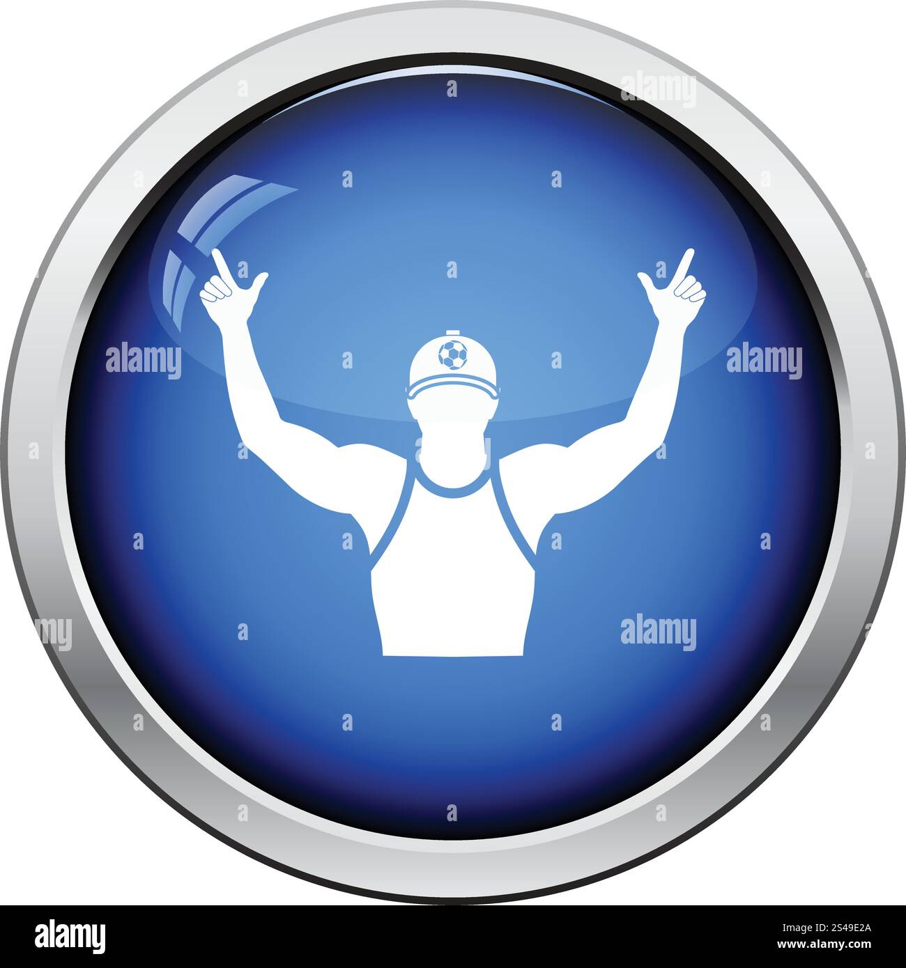 Football fan with hands up icon. Glossy button design. Vector ...