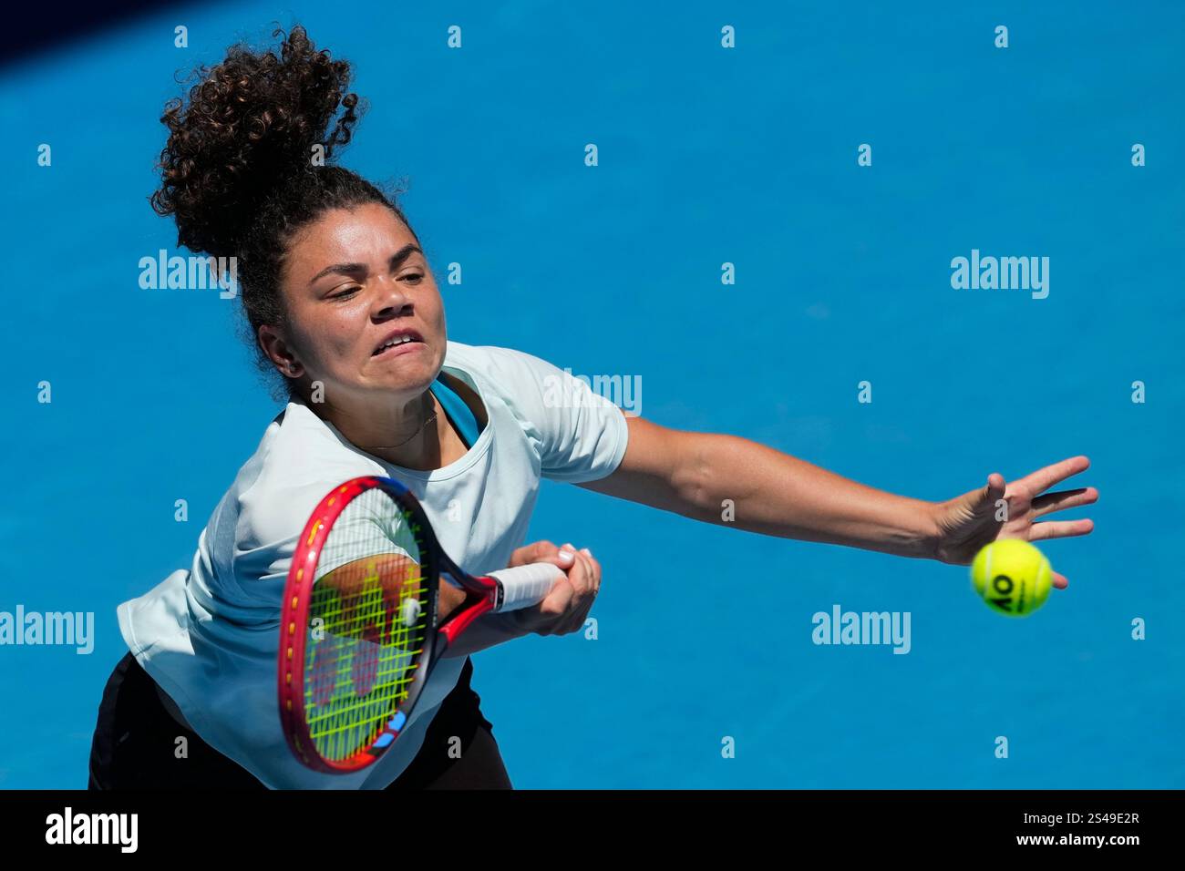 Italy's Jasmine Paolini plays a forehand return during a practice ...