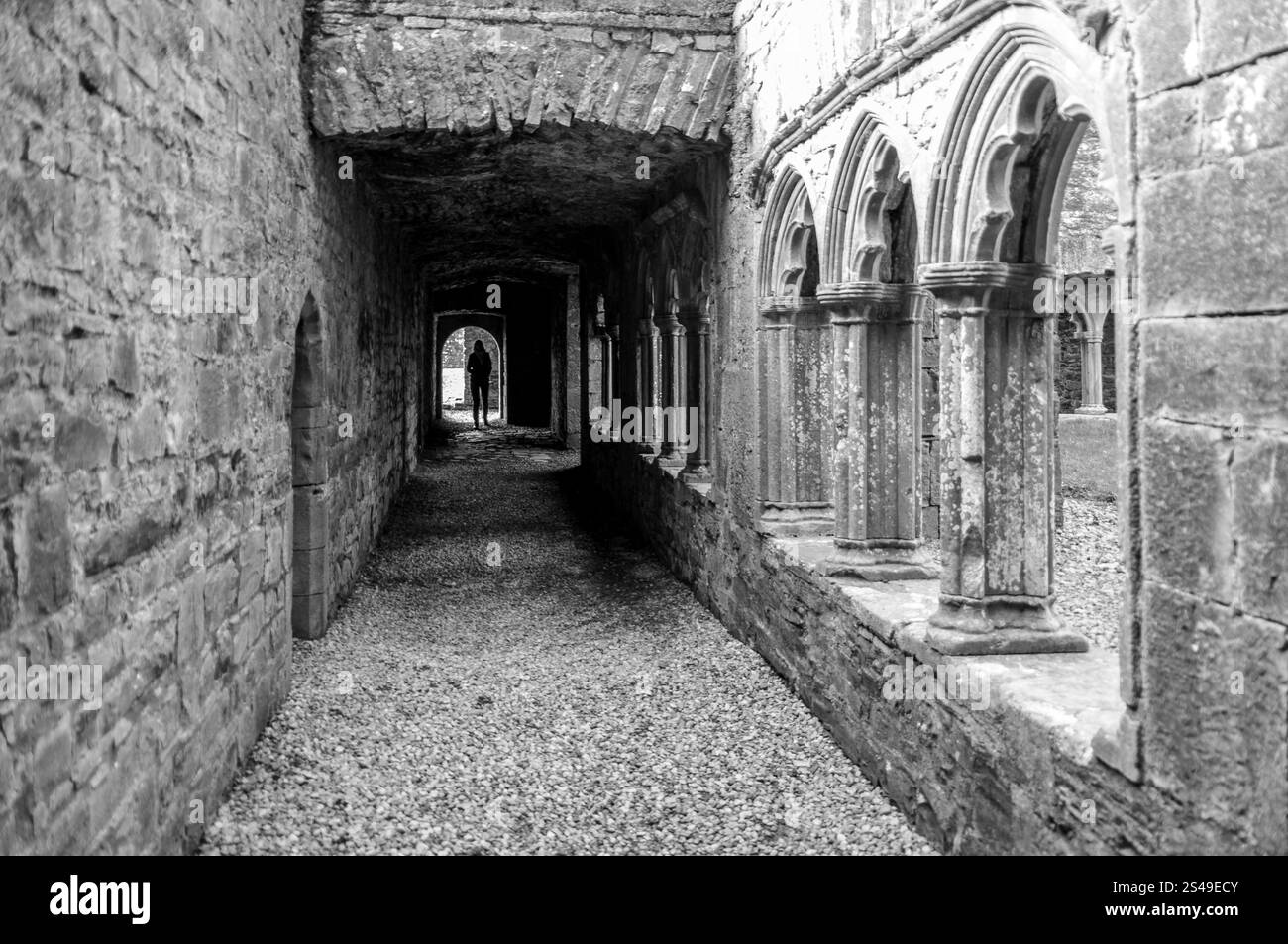 A long, narrow hallway with a person walking down it. The hallway is ...