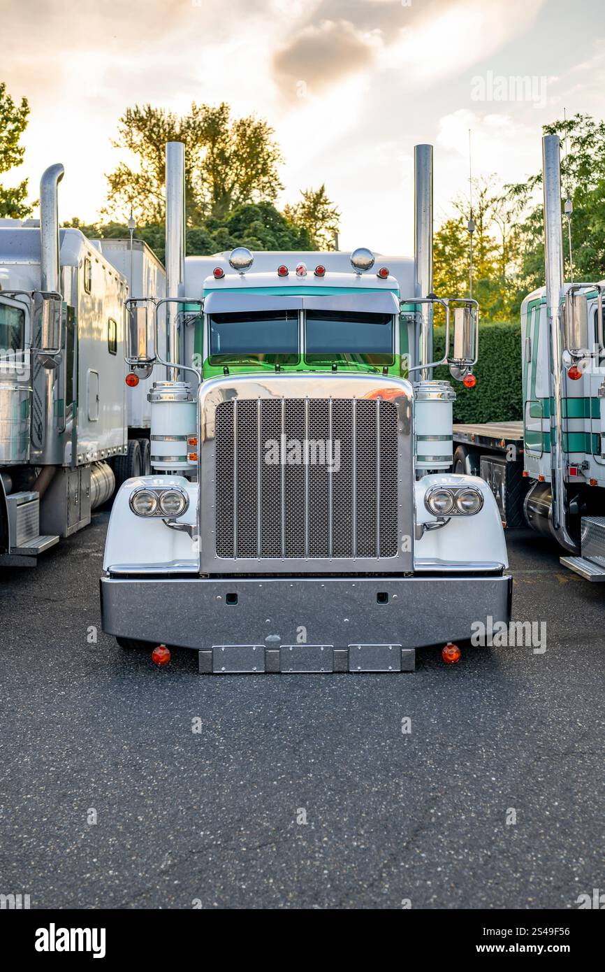 Classic American big rig white semi truck tractor with vertical exhaust ...