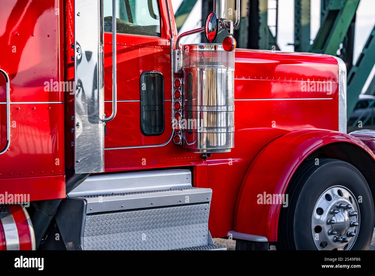 Red bonnet industrial classic big rig semi truck tractor with extended ...