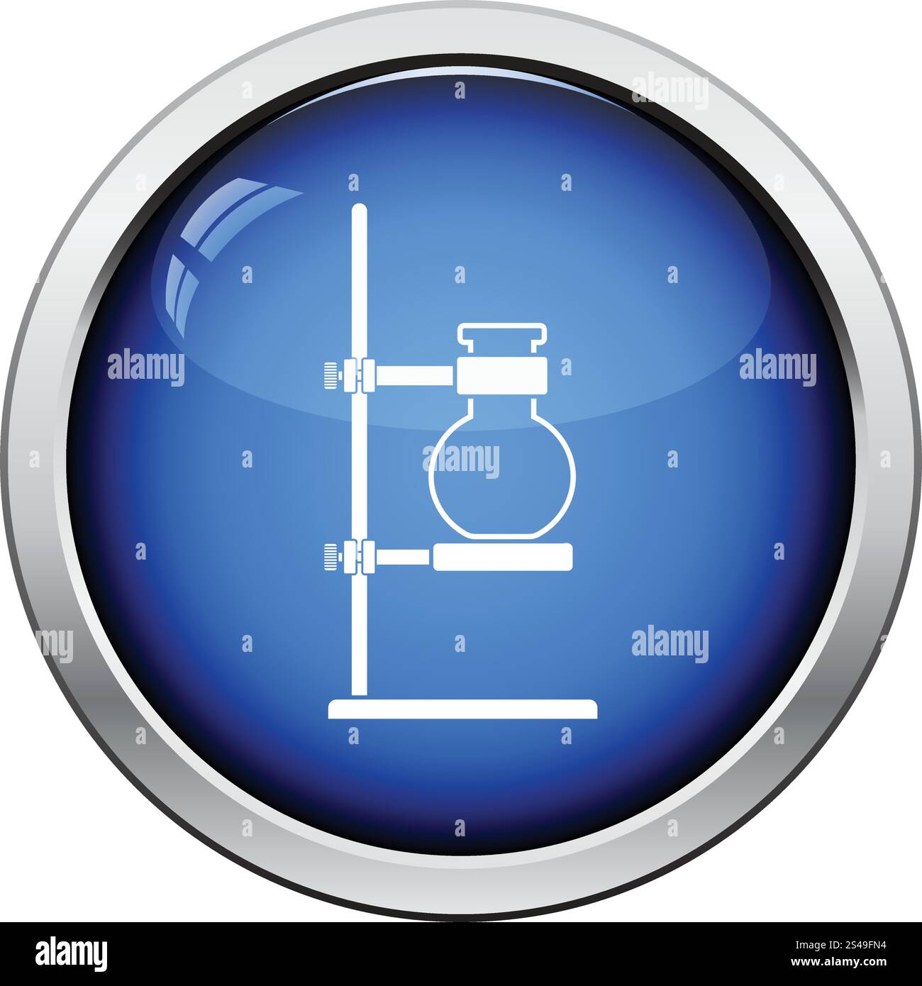 Icon of chemistry flask griped in stand. Glossy button design. Vector ...