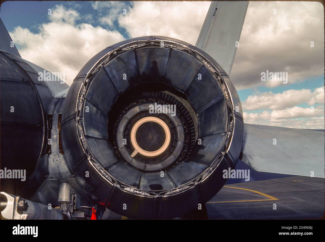 View into the afterburner nozzle of General Electric F404 on a F-18A ...