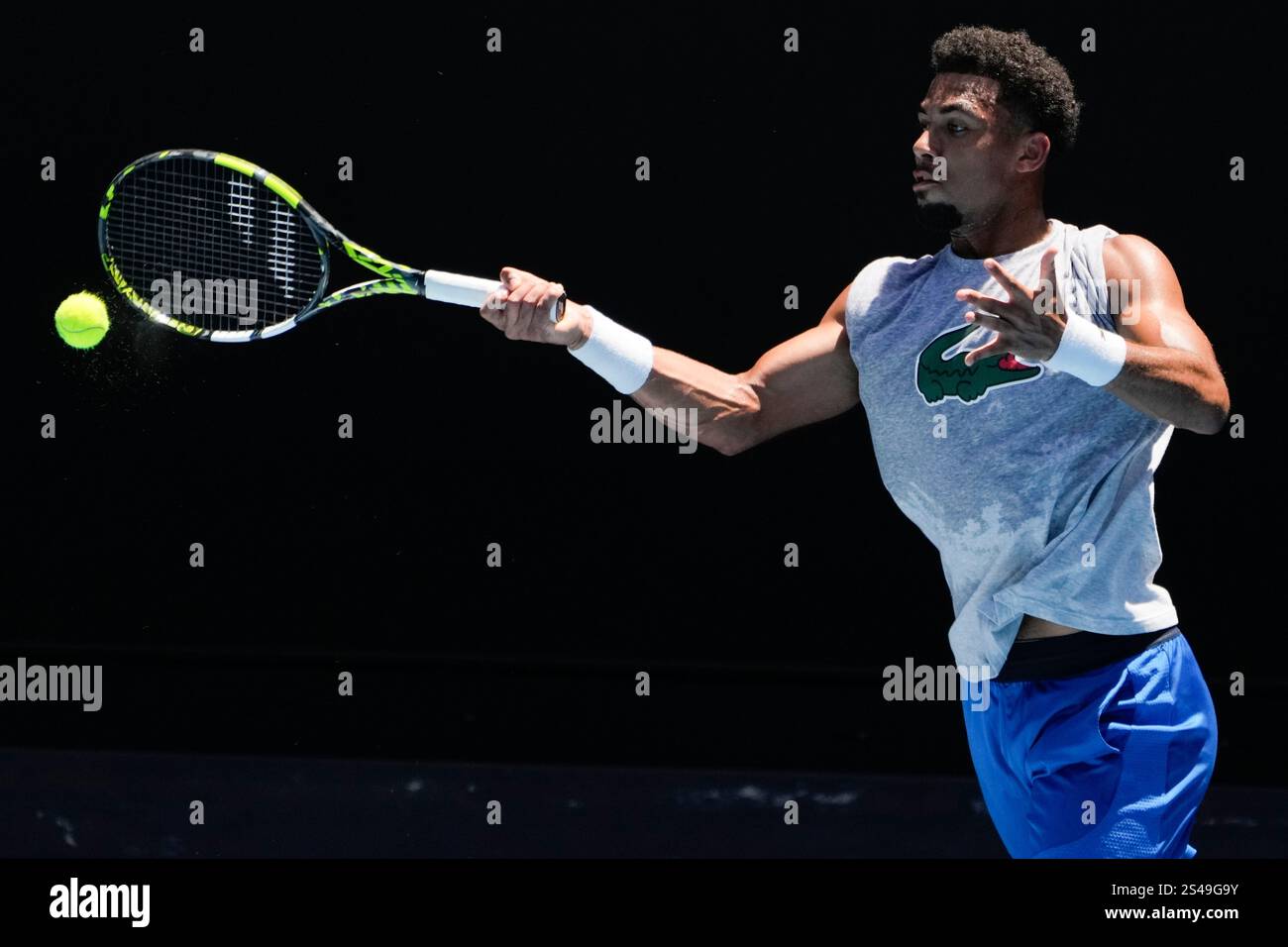 Arthur Fils of France plays a forehand return during a practice session ...
