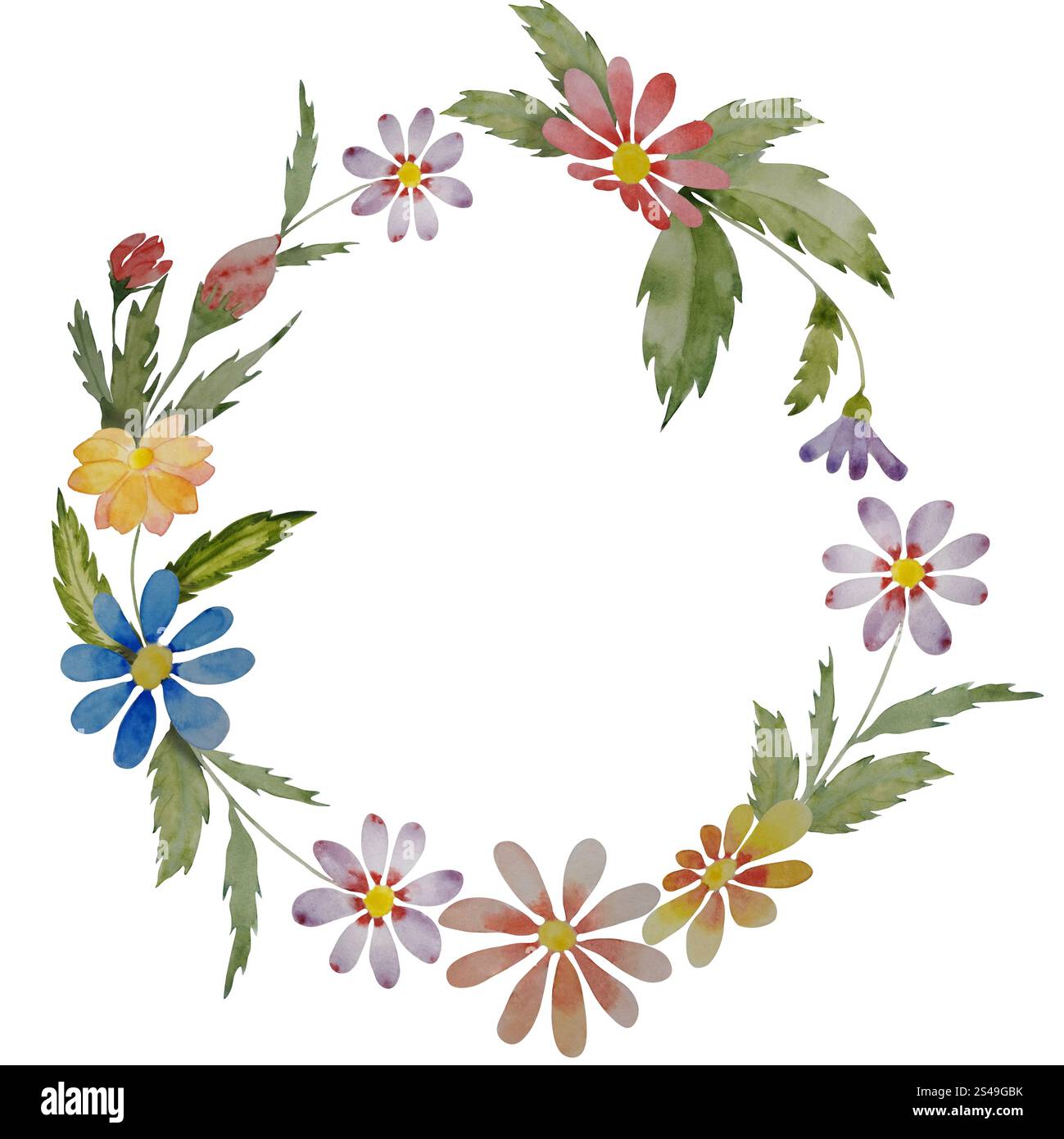 A charming watercolor circular wreath featuring delicate wildflowers ...