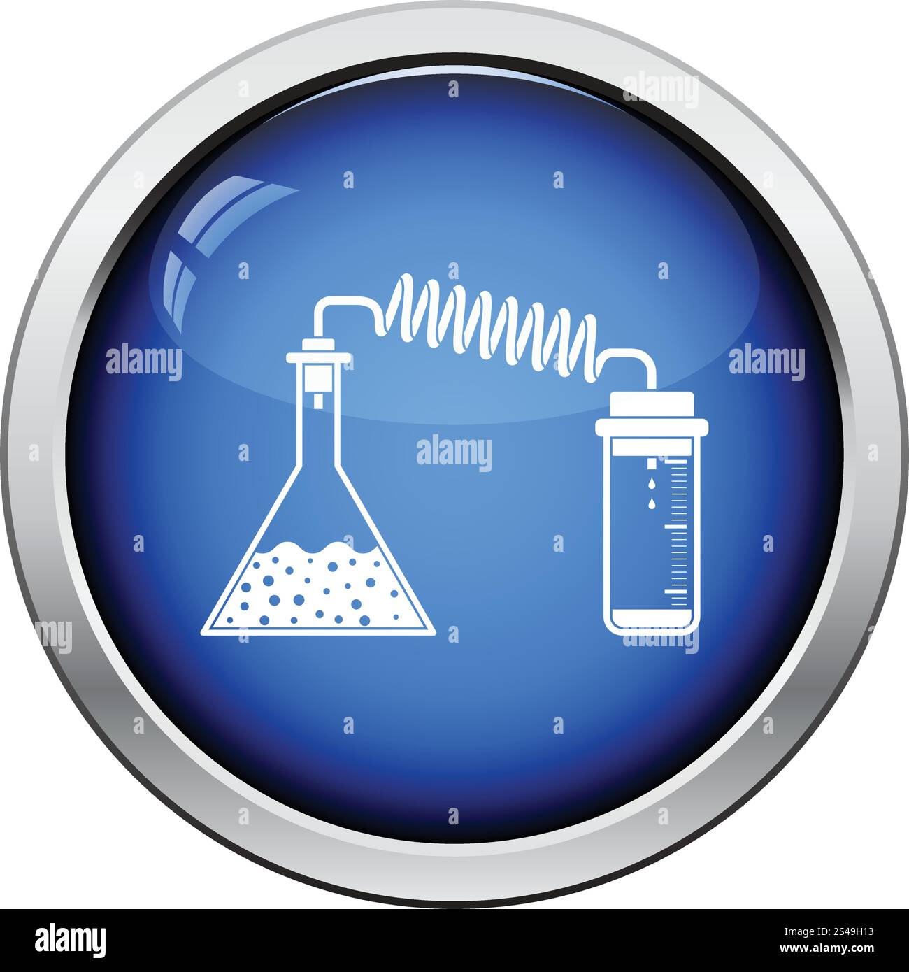 Icon of chemistry reaction with two flask. Glossy button design. Vector ...