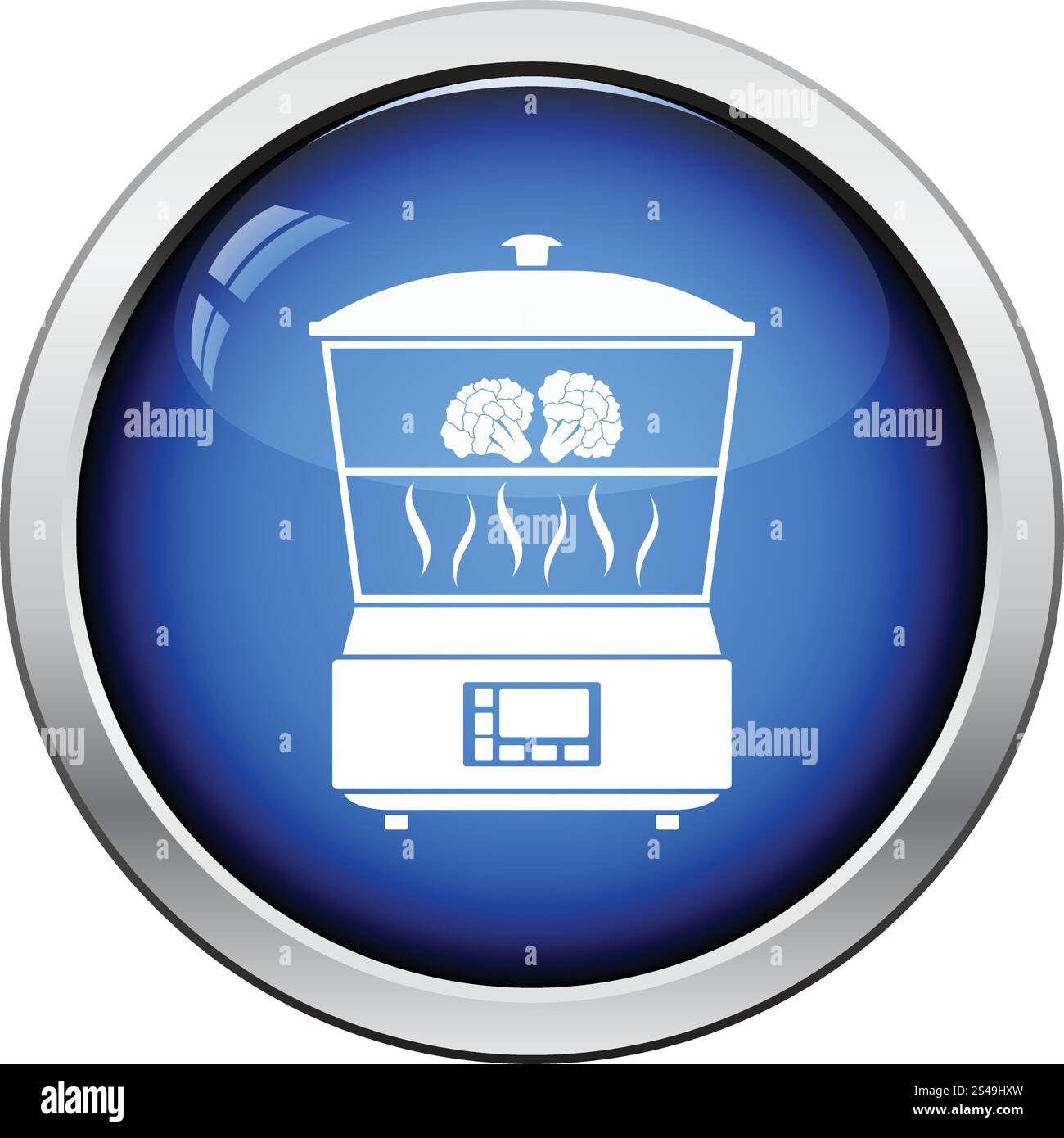 Kitchen steam cooker icon. Glossy button design. Vector illustration ...