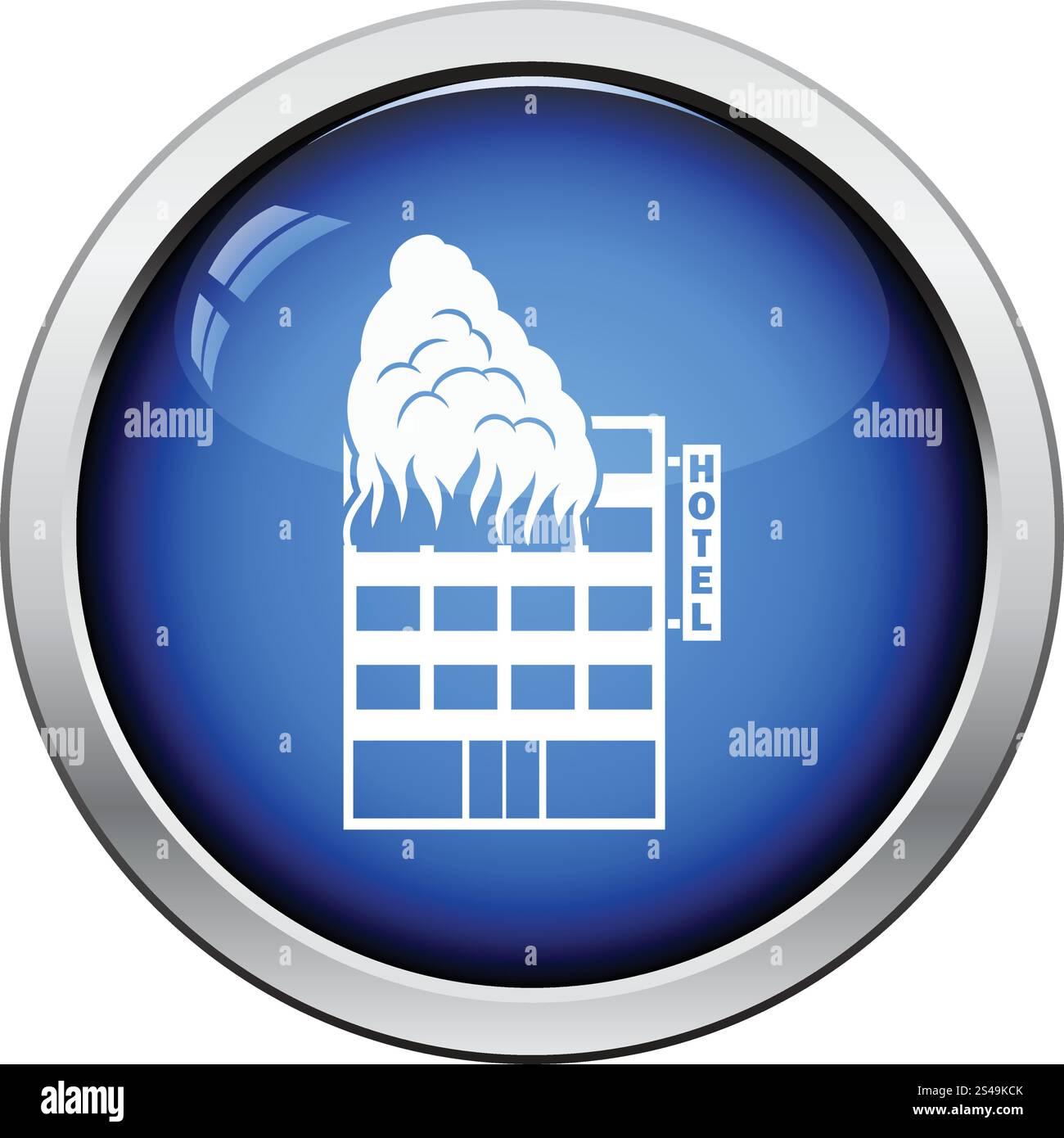 Hotel building in fire icon. Glossy button design. Vector illustration ...