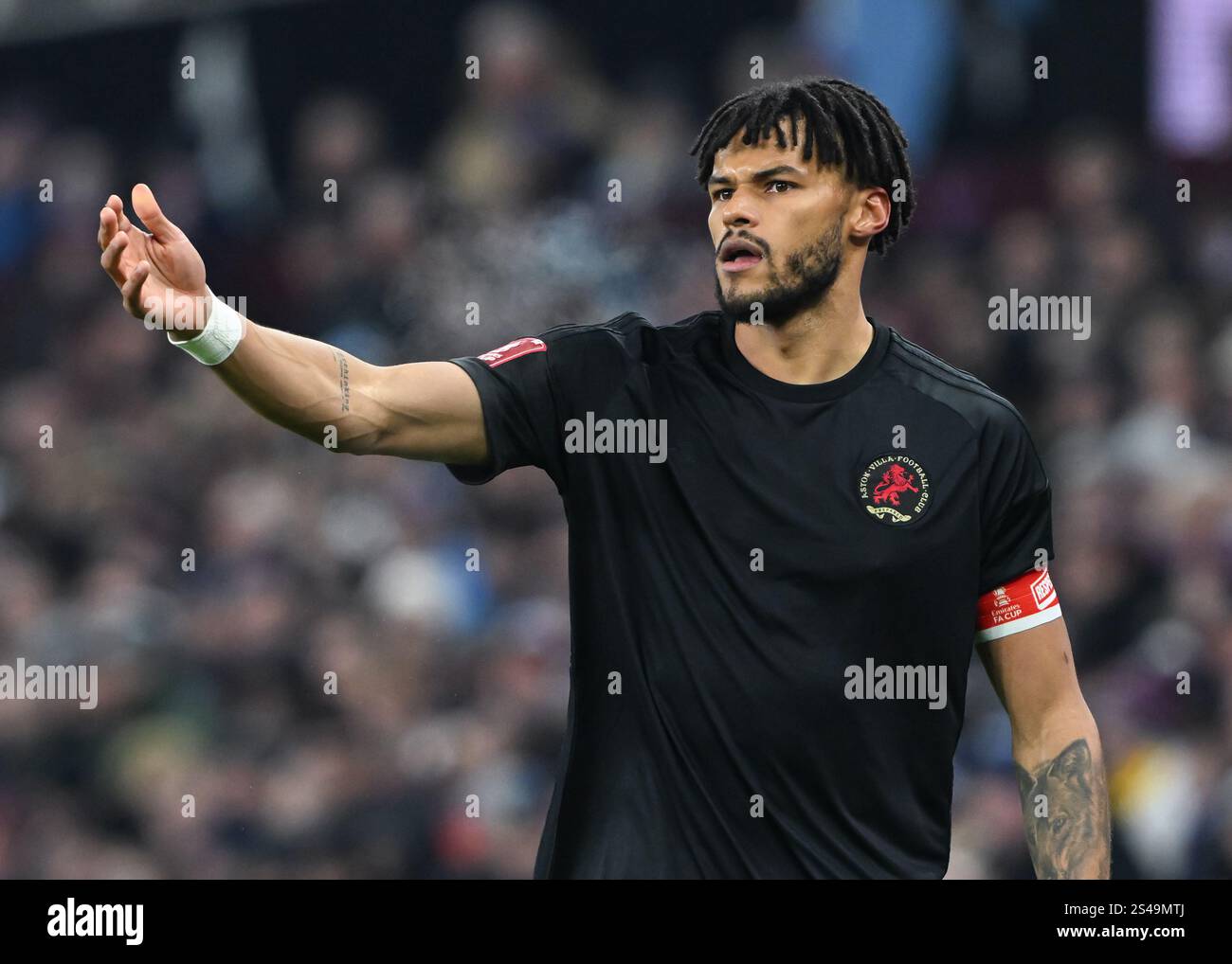 Birmingham, UK. 10th Jan, 2025. Tyrone Mings of Aston Villa reacts ...