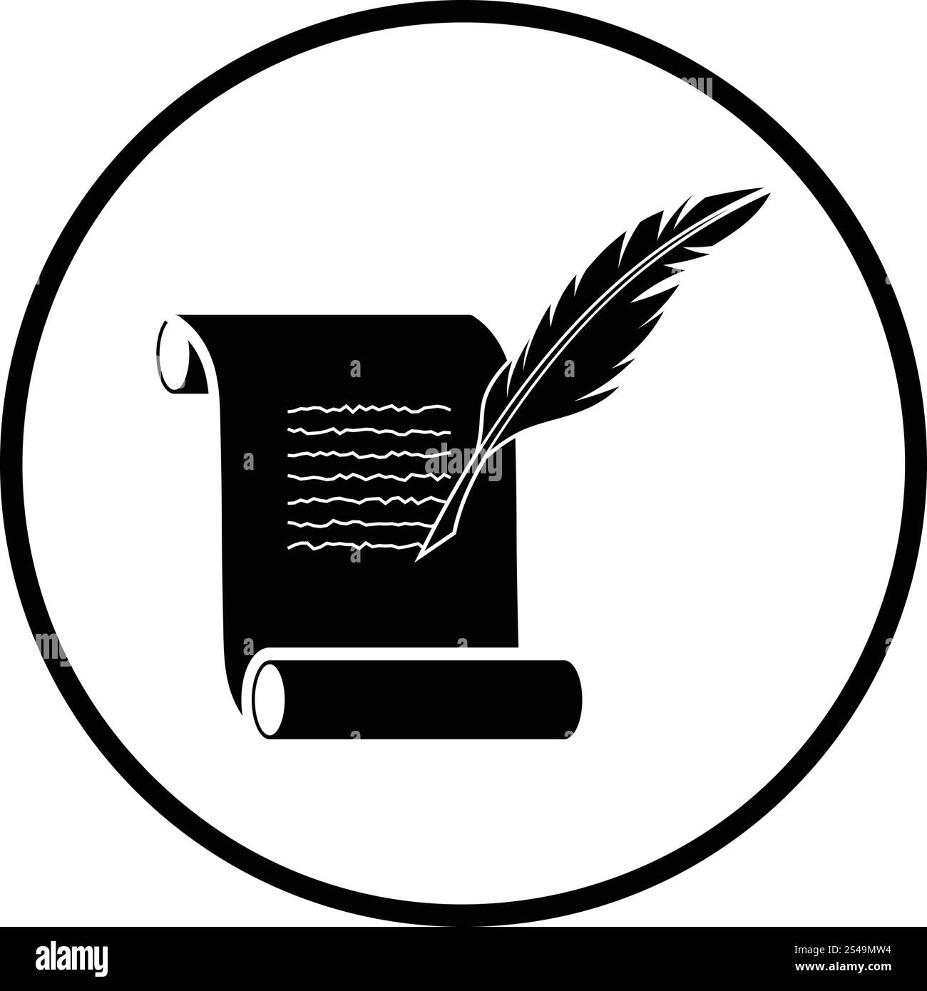 Feather and scroll icon. Thin circle design. Vector illustration Stock ...