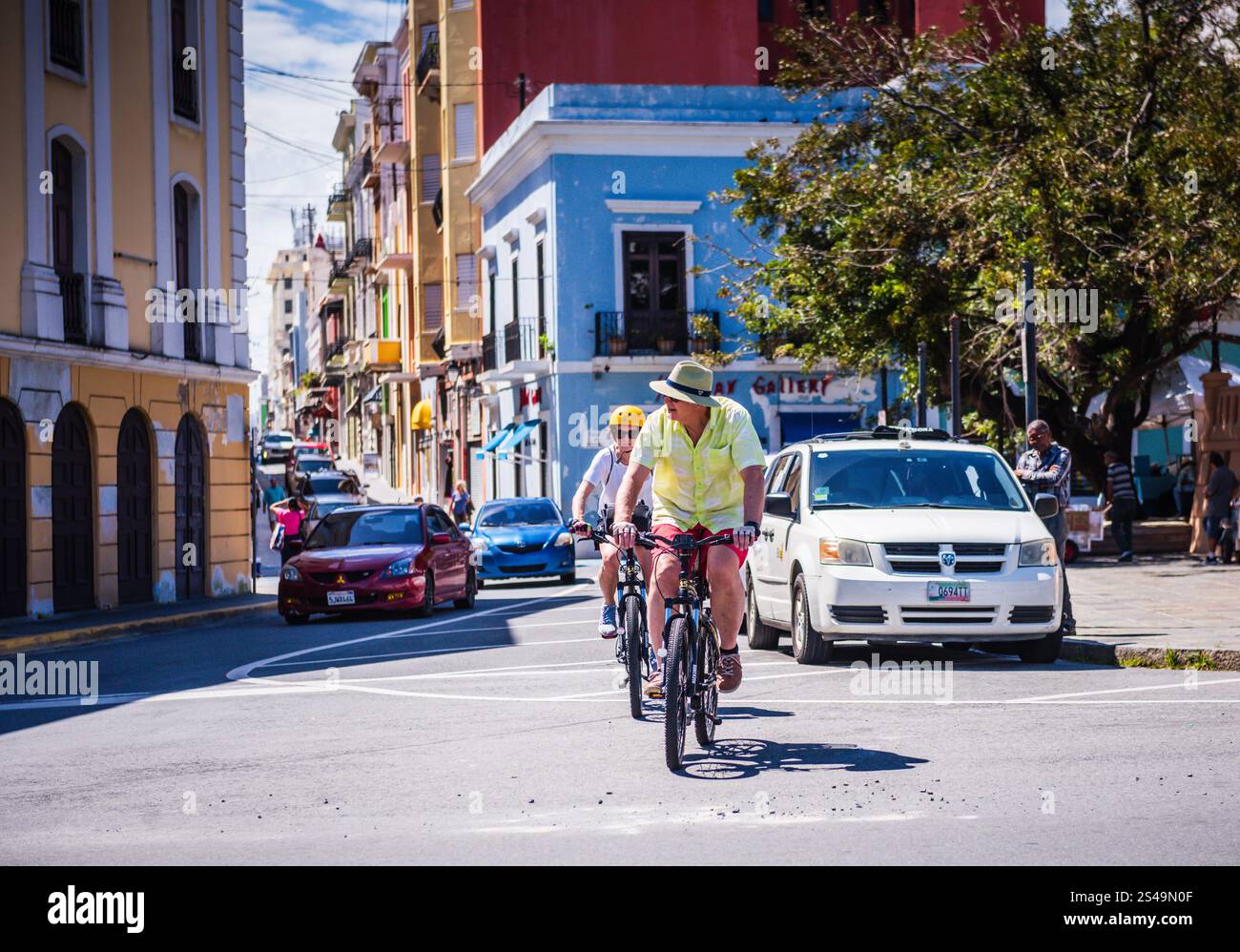 San Juan, Puerto Rico - February 26, 2018: A couple of tourists bike ...