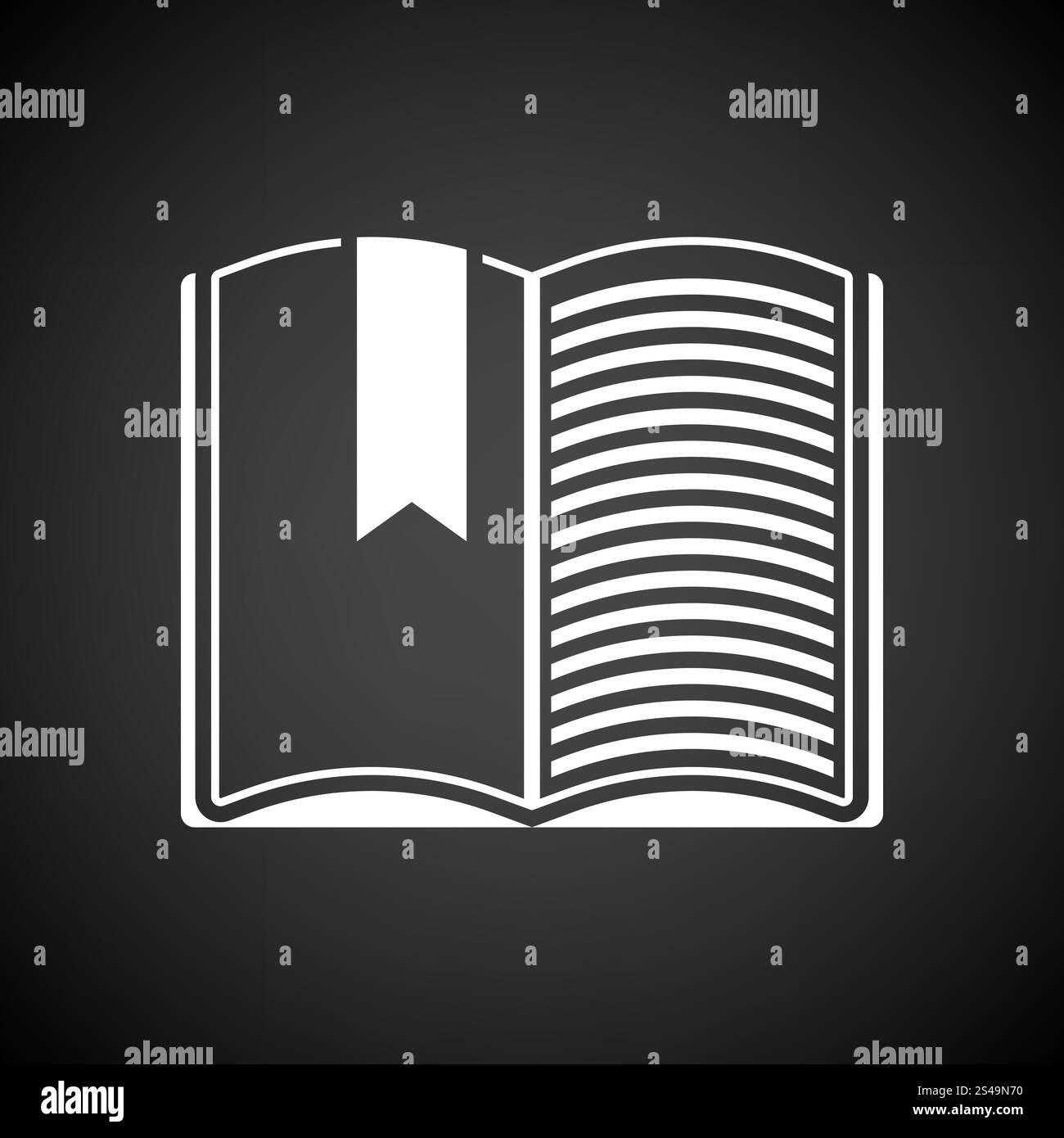 Open book with bookmark icon. Black background with white. Vector ...