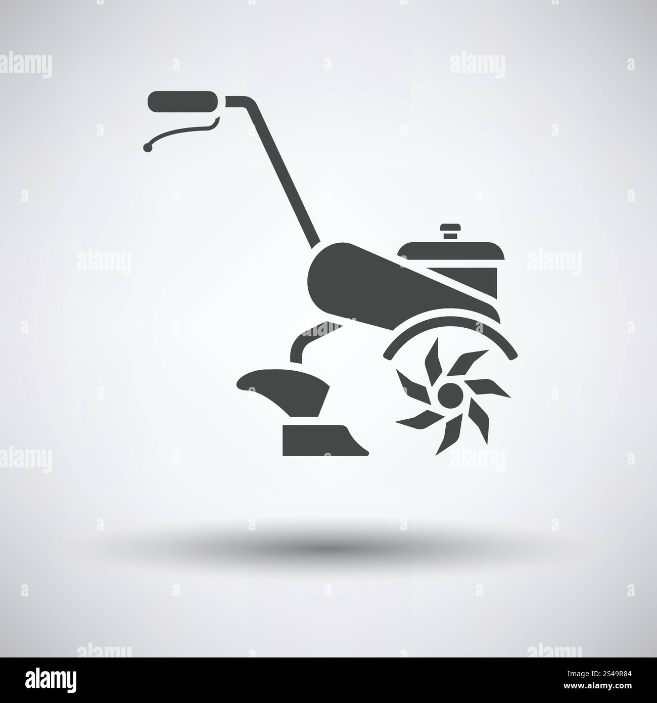 Garden tiller icon on gray background with round shadow. Vector ...