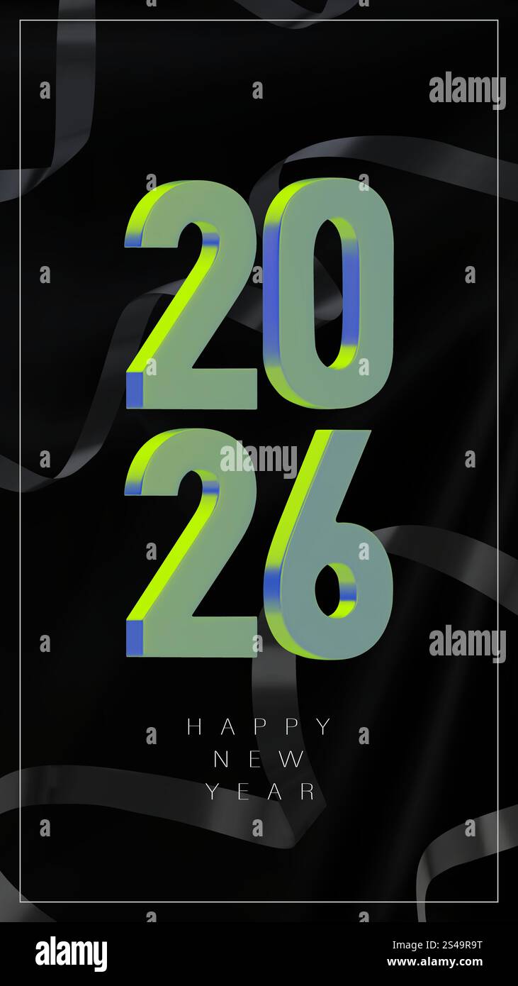 Vertical card with the green and blue metallic numbers 2026 and a ...