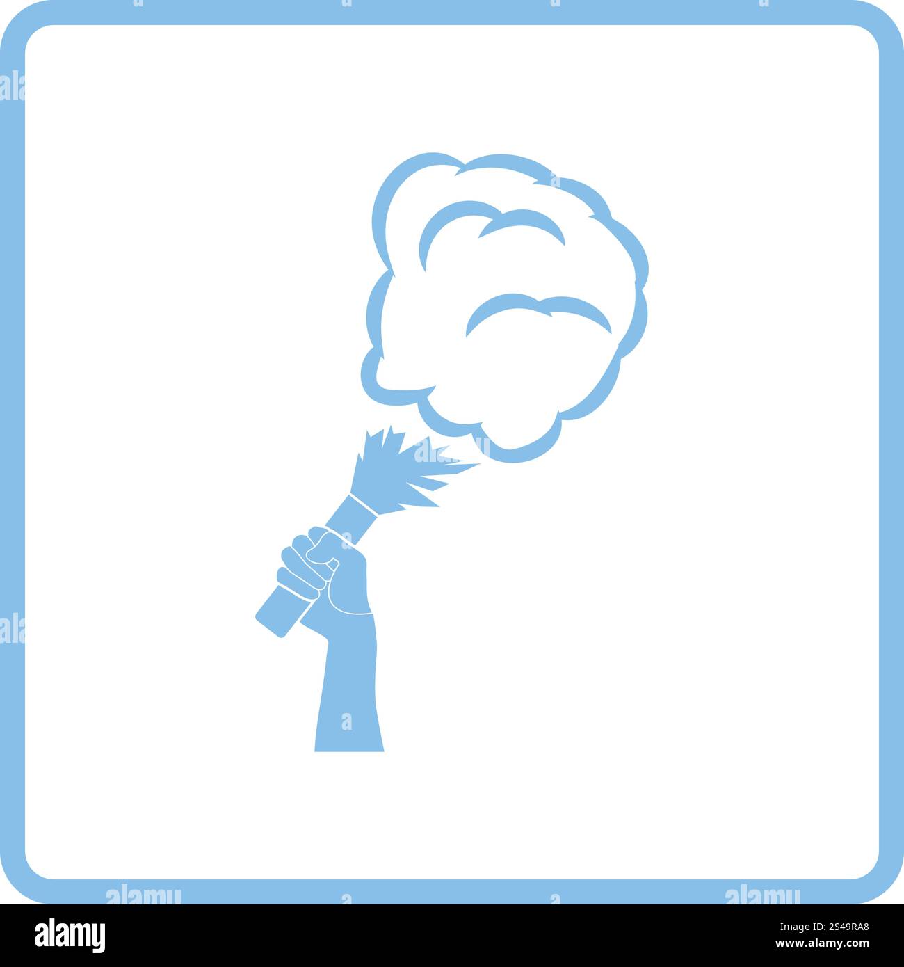 Football fans hand holding burned flayer with smoke icon. Blue frame ...