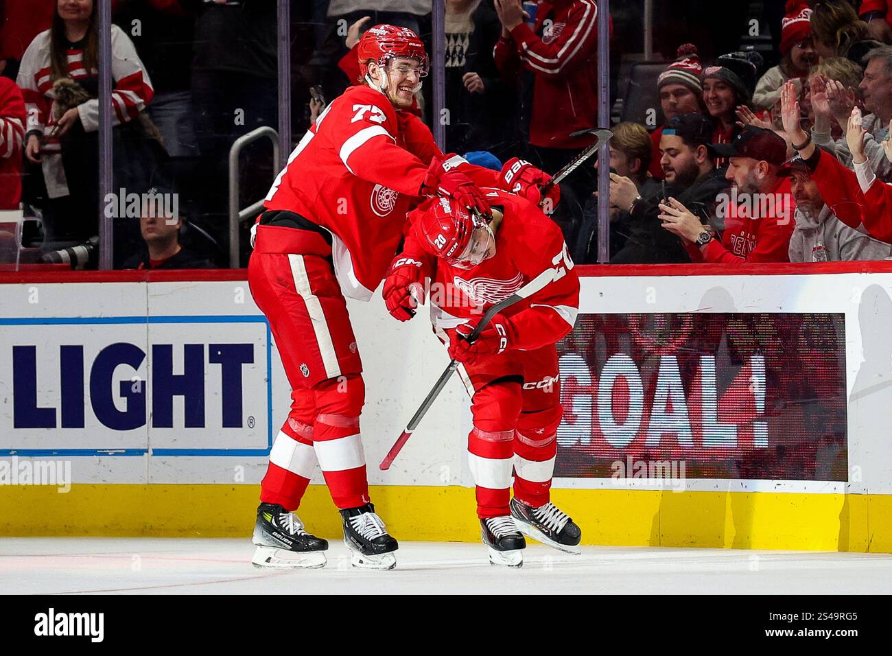 Detroit Red Wings defenseman Simon Edvinsson (77) celebrates with ...