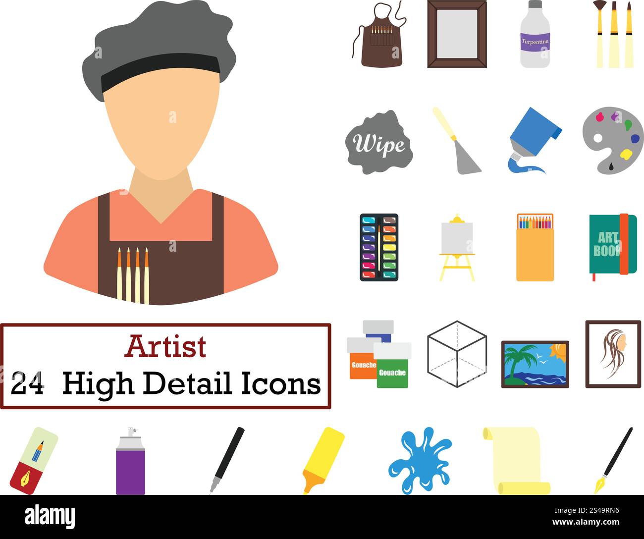 Set of 24 Artist Icons. Flat color design. Vector illustration Stock ...