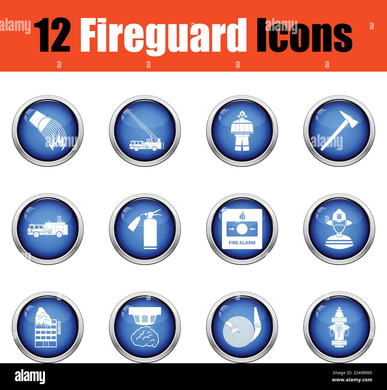 Set of fire service icons. Glossy button design. Vector illustration ...