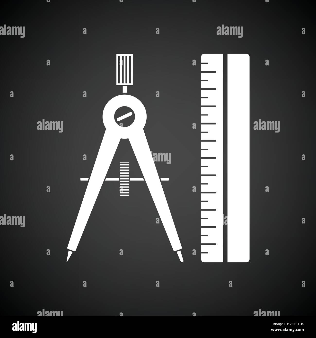 Compasses and scale icon. Black background with white. Vector ...