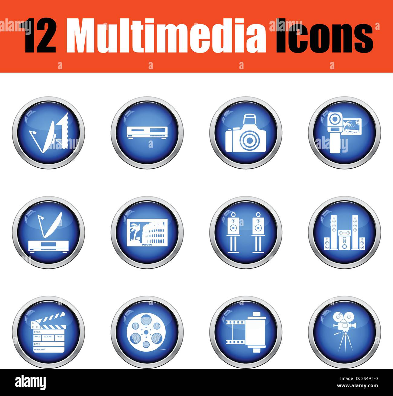 Set of multimedia icons. Glossy button design. Vector illustration ...
