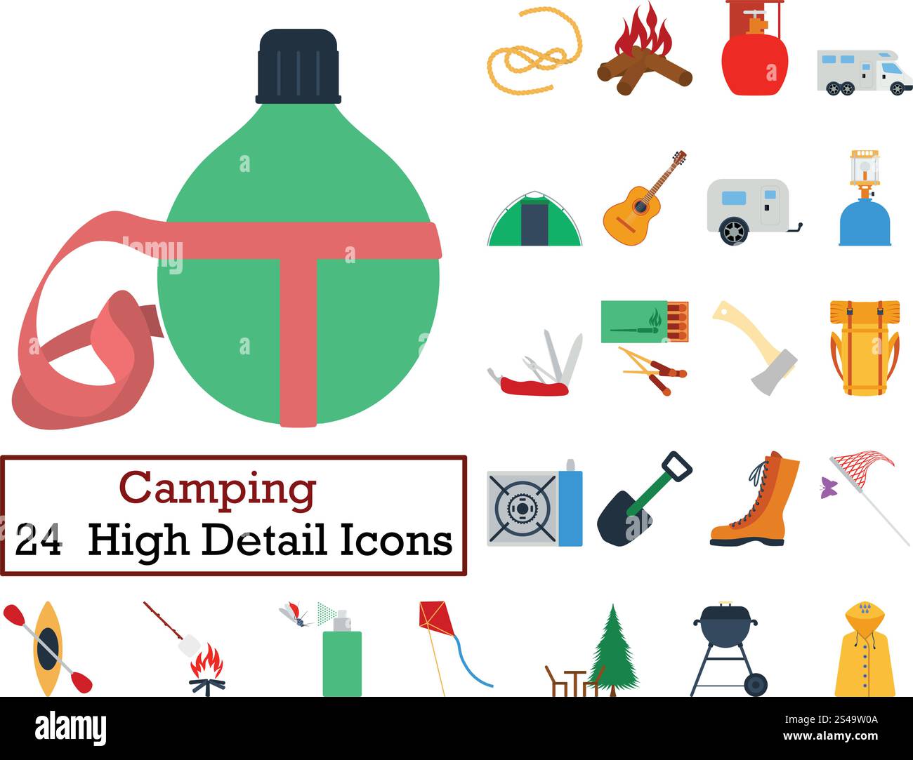 Set of 24 Camping Icons. Flat color design. Vector illustration Stock ...