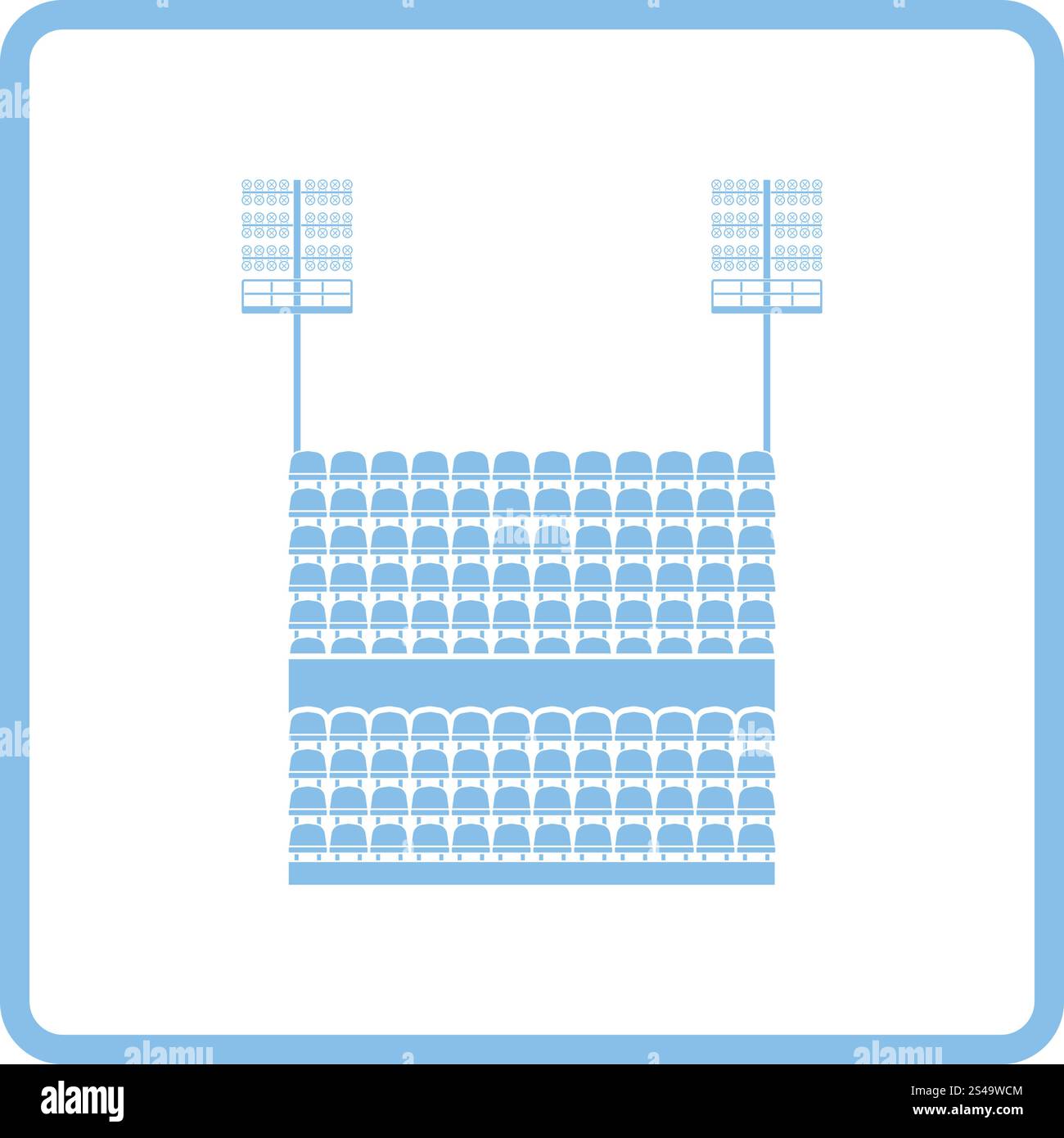 Stadium tribune with seats and light mast icon. Blue frame design ...