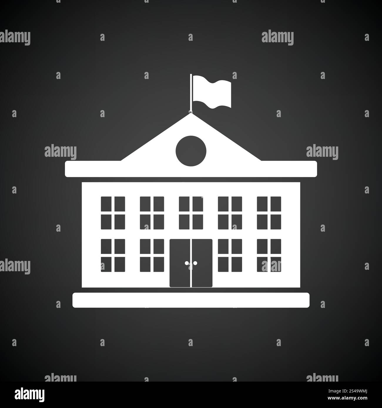 School building icon. Black background with white. Vector illustration ...