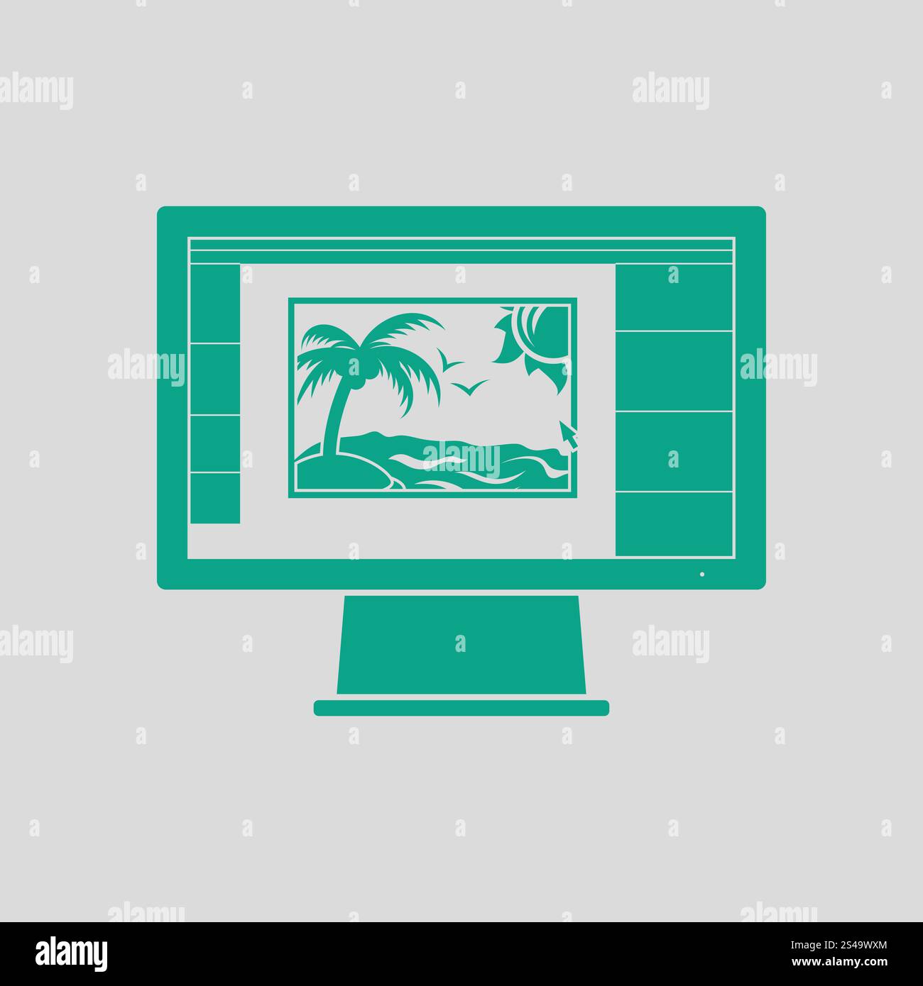 Icon of photo editor on monitor screen. Gray background with green ...