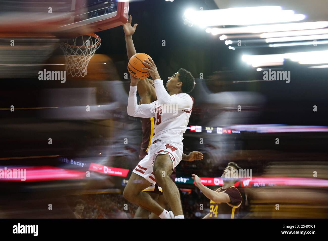 January 10, 2025: Wisconsin Badgers guard Daniel Freitag (5) attempts a ...