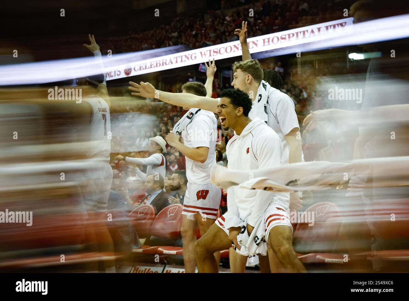 January 10, 2025: Wisconsin Badgers guard Daniel Freitag (5) celebrates ...