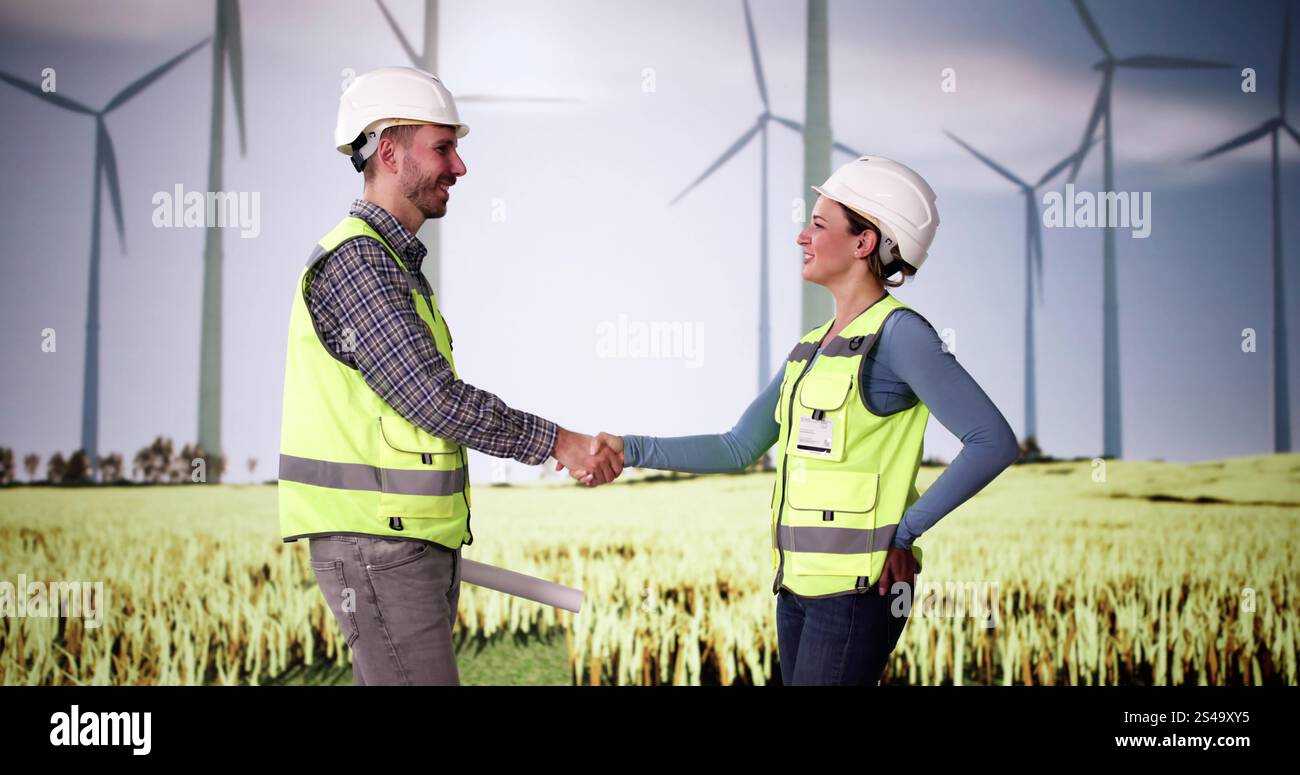 Wind Engineers Shaking Hands. Sustainable Windmill Power Team Work ...