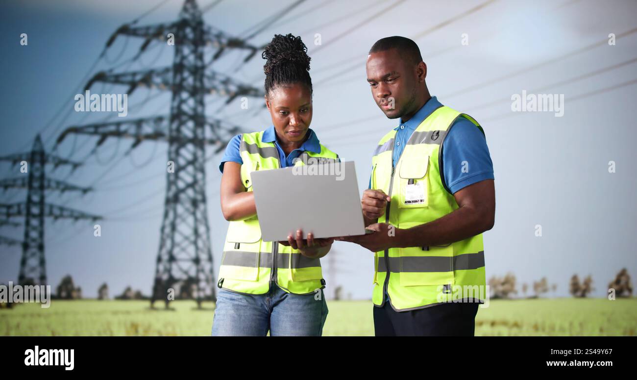Engineers Using Computer Technology New Energy Tower. Electricity And ...