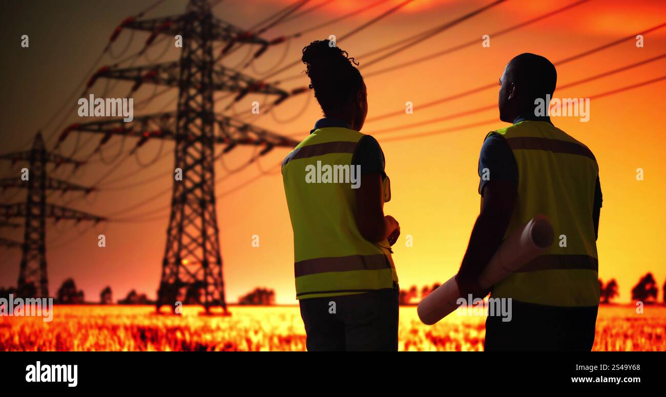 Electrician Workers Talking Near High Voltage Circuit Line Tower Stock ...