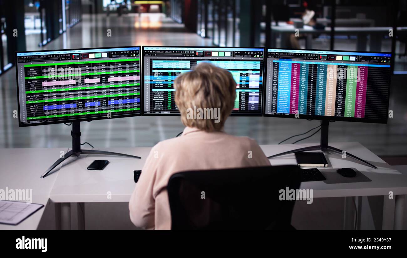 Computer Spreadsheet Data Analyst Woman Using Multiple Screens Stock ...