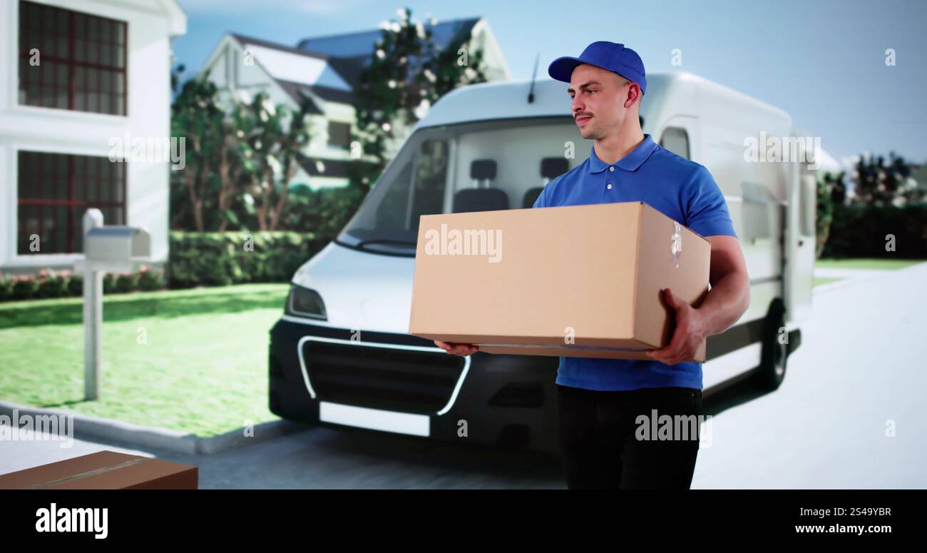 Truck Mover Unloading Van Carrying Boxes And Moving House Stock Photo ...