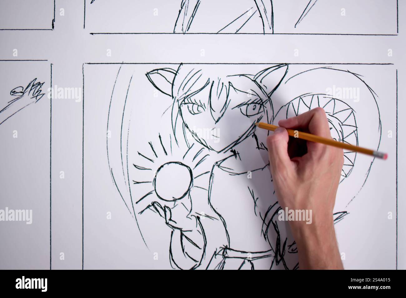 Hand Drawing Manga Anime Comic For Kids. Cartoon Storyboard Stock Photo ...