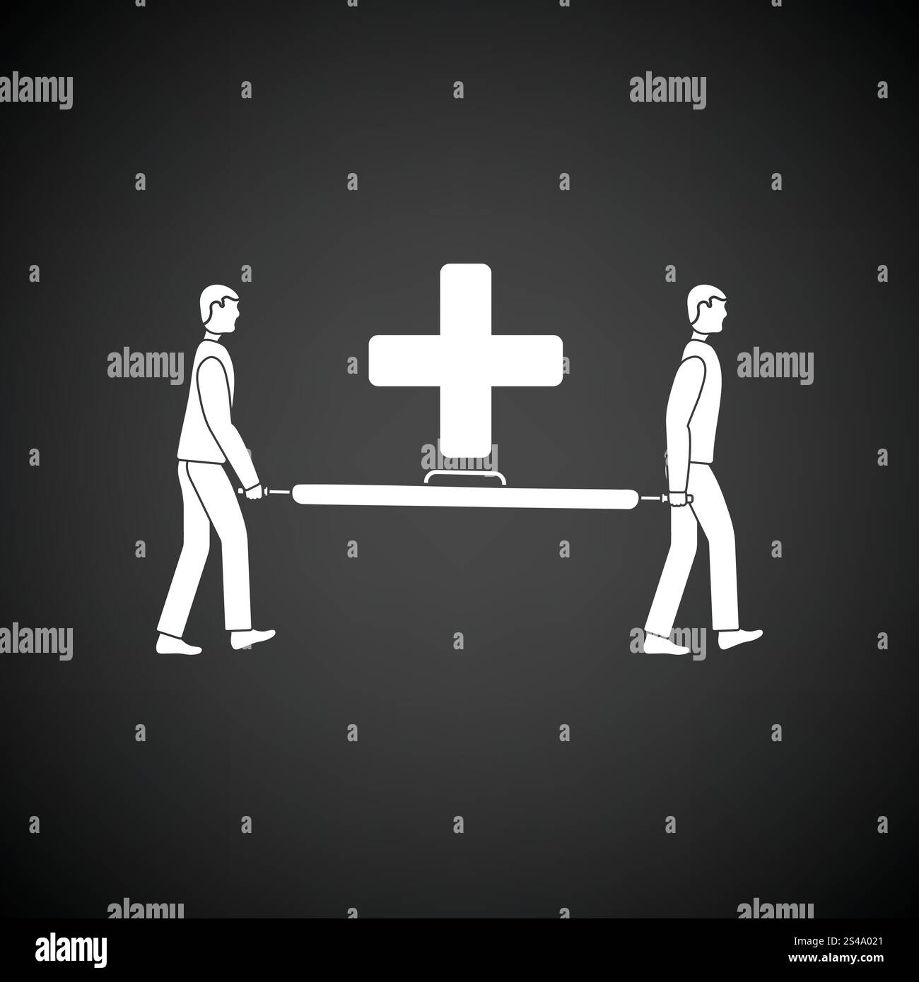 Soccer medical staff carrying stretcher icon. Black background with ...